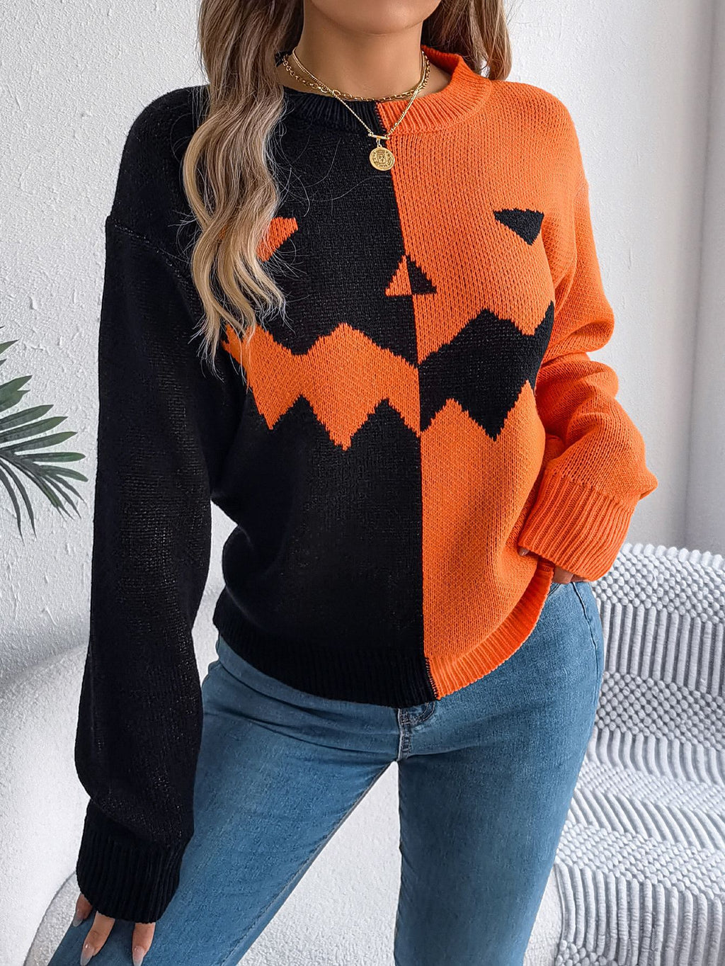 Halloween Contrast-color Pullover Sweater Fashion Long Sleeve Knitted ...